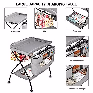 JOYMOR Portable Diaper Changing Station,Folding Baby Changing Table for Infant, Moblie Diaper Changing Table with Wheels, Large Storage Basket ＆ Shelf Portable Nursery Organizer (Grey)