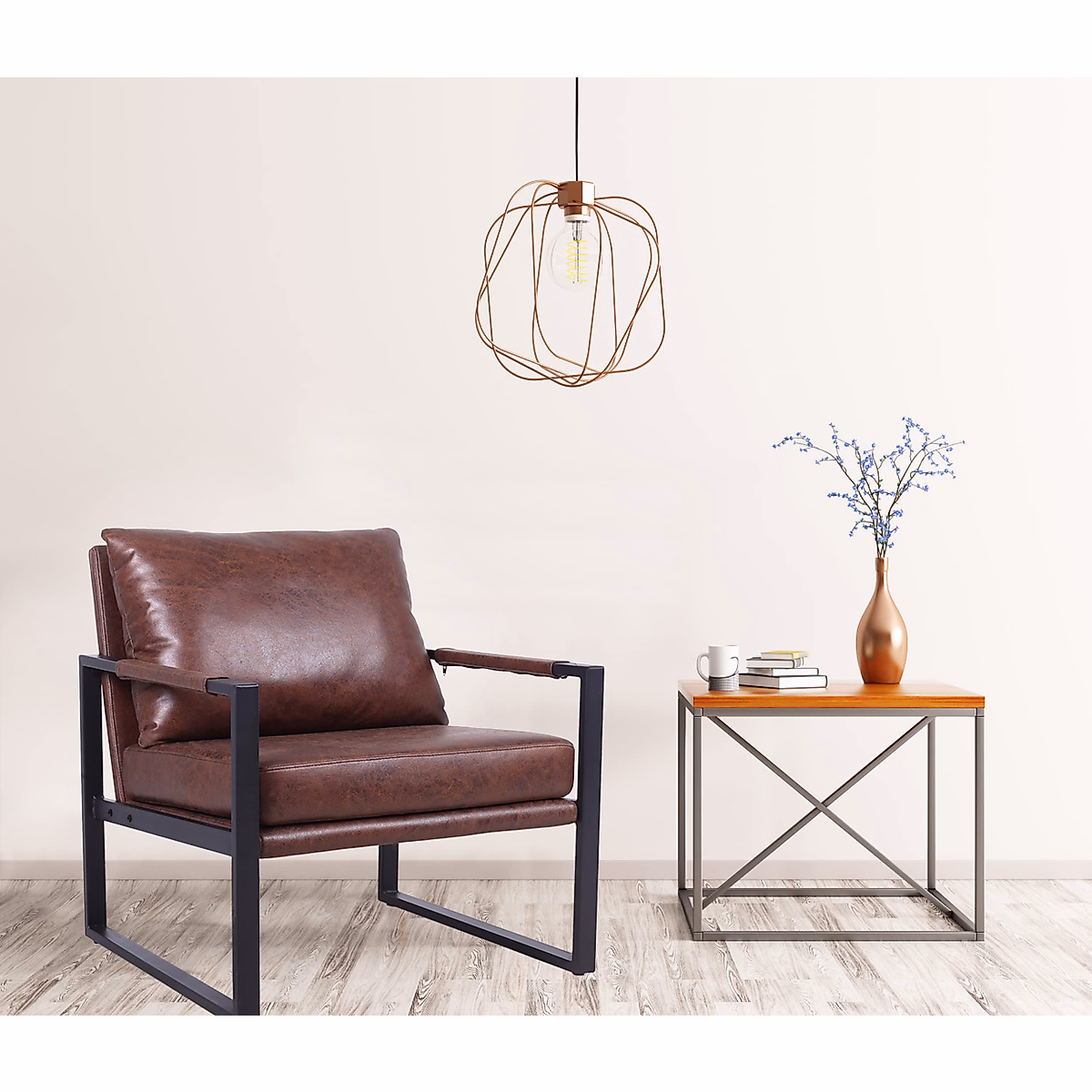 Nusetx Mid-Century Modern Accent Chair, Faux Leather Upholstered Living Room Chairs with Waist Cushion, Reading Armchair for Bedroom Sunroom, Brown