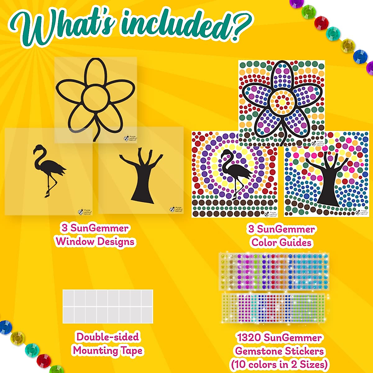 PURPLE LADYBUG SUNGEMMERS Diamond Art Craft Kit + 7 Brown Gift Bags with Scratch Panel for Personalized Messages