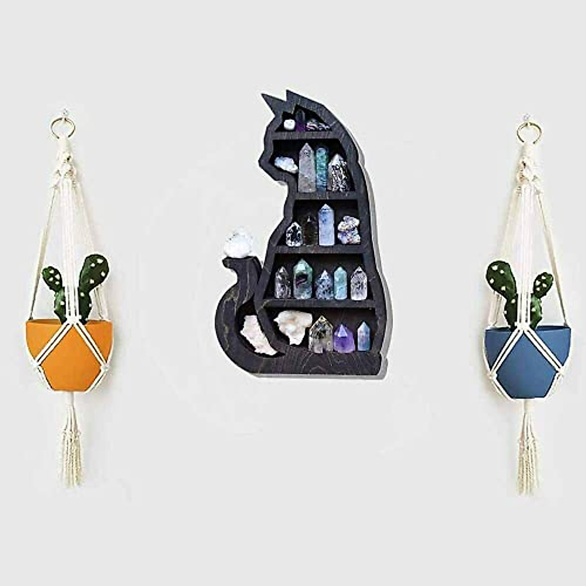 Cat in The Moon Crystal Wooden Shelf,Cat-Shaped Crystal Wooden Shelf, Multipurpose Storage Rack, Bed Room Display Crystals Stone, for Small Plant and Art Gothic Room Ornaments