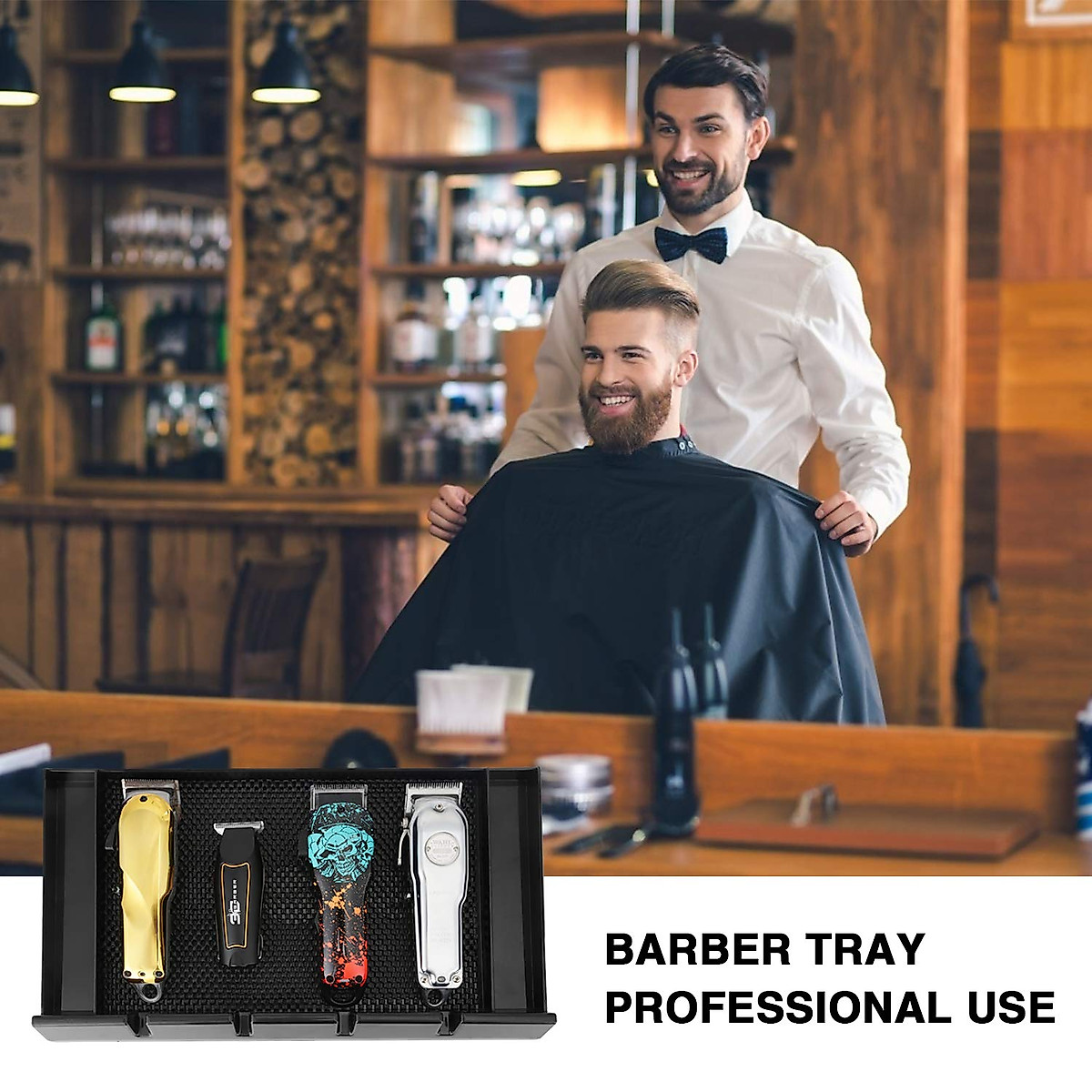 Barber Clipper Tray, Salon Anti-slip Clippers Organizer,Razor Case with 4 Notches Professional Hair Trimmer Holder Hairdresser Stylists Barber Tools Box (Black)