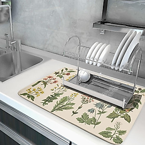 Flower Herbs Dish Drying Mat for Kitchen Counter Decor 18x24 Inch Absorbent Reversible Wild Plant Dish Mat Microfiber Drying Pad Sage Leaves Dish Drainer Rack Mats for Coffee Bar…