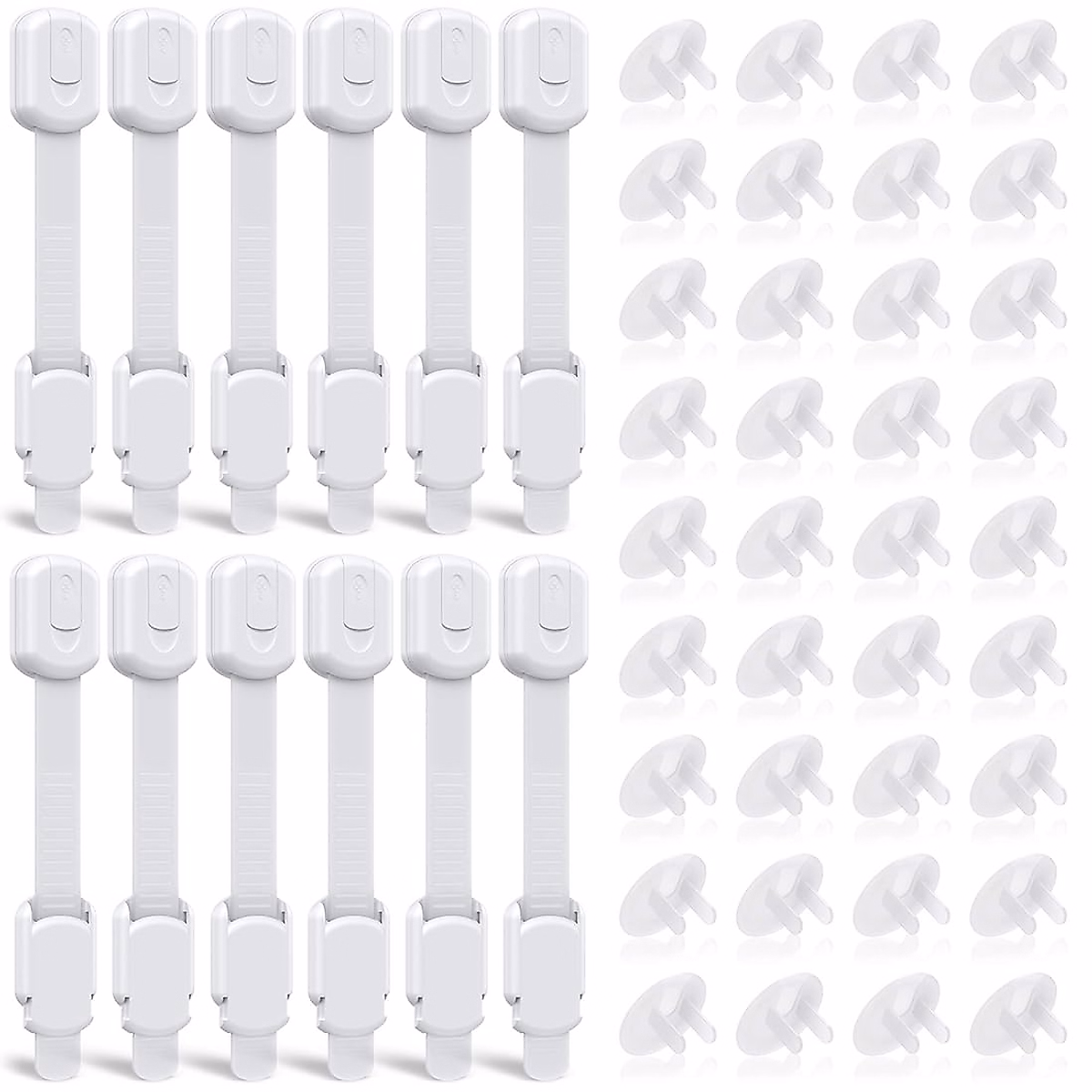 12 Pack Cabinet Locks for Babies with 36 Pack Must Use Outlet Covers-Easy no Drilling Installation-Adjustable Baby Locks with 3M Adhesives-Multi Use for Cupboard, Oven, Fridge, Toilet