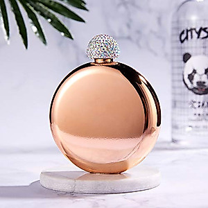 Booze Shot Flask for Women- AB Crystal Lid Creative 304 Stainless Steel Wine Alcohol Liquor Flask for Women Girls Men Party Hand size Hip Flask Glitter coating Whiskey Flasks-5OZ (Rose Gold)
