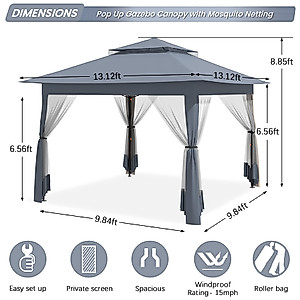 Gazebo, CBBPET 13'x 13' Pop Up Gazebo with Mosquito Netting, Outdoor Gazebo Canopy with Double Roof Tops and 169 Square Feet of Shade for Patio, Group Gatherings, Camping Shelter (Gray)