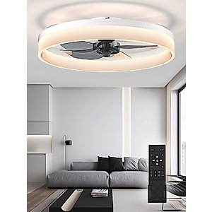 ERYAHRT Low Profile Ceiling Fan with Light Remote Control, Semi Flush Mount Ceiling Fans with 5 Invisible Blades, Dimmable Led Ceiling Fan Reversible Blades Timing, White