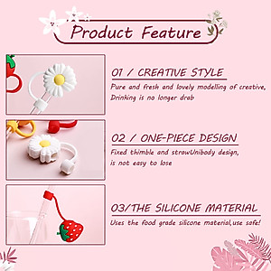 6 PCS Straw Covers Cap with 6 Reusable Drinking Straws,6-8mm Cute Flowers Fruit Straw Toppers for Normal Cup Silicone Straw Tip Covers Kawaii Drinking Dust-Proof Straw Plugs