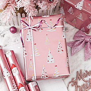 MAYPLUSS Pink Christmas Wrapping Paper - 17In x 120In Per Roll - Girly Festive Metallic Foil Trees, Cute Santa, Winter Sled Design Christmas Girls Pink Gift Wrap Paper for Winter Holiday, Birthday