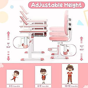Costzon Kids Desk and Chair Set, Height-Adjustable Student Study Desk with Tiltable Desktop, Book Stand, Ergonomic Chair with Footrest, Writing Table & Chair Set for Boys Girls (Pink)