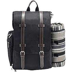 Picnic Backpack for 2 | Picnic Basket | Stylish All-in-One Portable Picnic Bag with Complete Cutlery Set, Stainless Steel S/P Shakers | Picnic Blanket Waterproof Extra Large| Cooler Bag for Camping