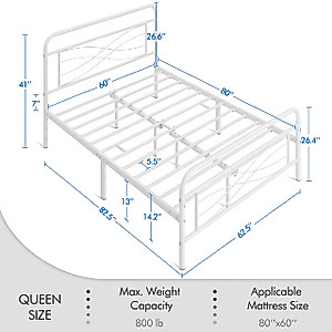 Yaheetech Queen Metal Bed Frame with Criss-Cross Design, Ample Underbed Storage Space, Heavy Duty Slat Support, No Box Spring Needed, White