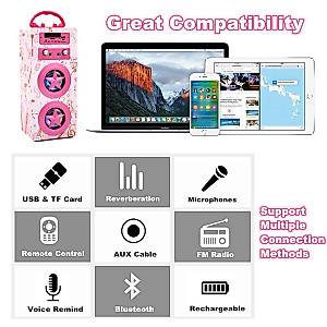 IndeCool Kids Bluetooth Karaoke Machine with 2 Microphones, Rechargeable Remote Control Wireless Karaoke Speaker Portable Karaoke Machine Music MP3 Player for Kids Adult Party Gift (Pink)