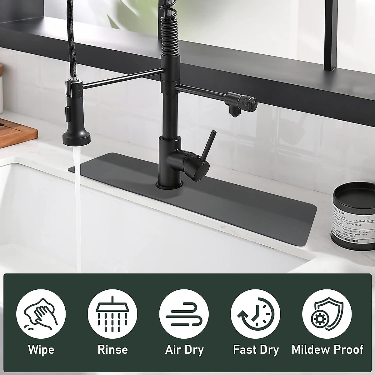 LOPNUR Faucet Mat for Kitchen Sink, 24 Inch Long Kitchen Sink Splash Guard Behind Faucet, Cuttable Kitchen Faucet Mat for Bathroom Sink Faucet Mat Splash Guard with Absorbent Diatomite, Grey