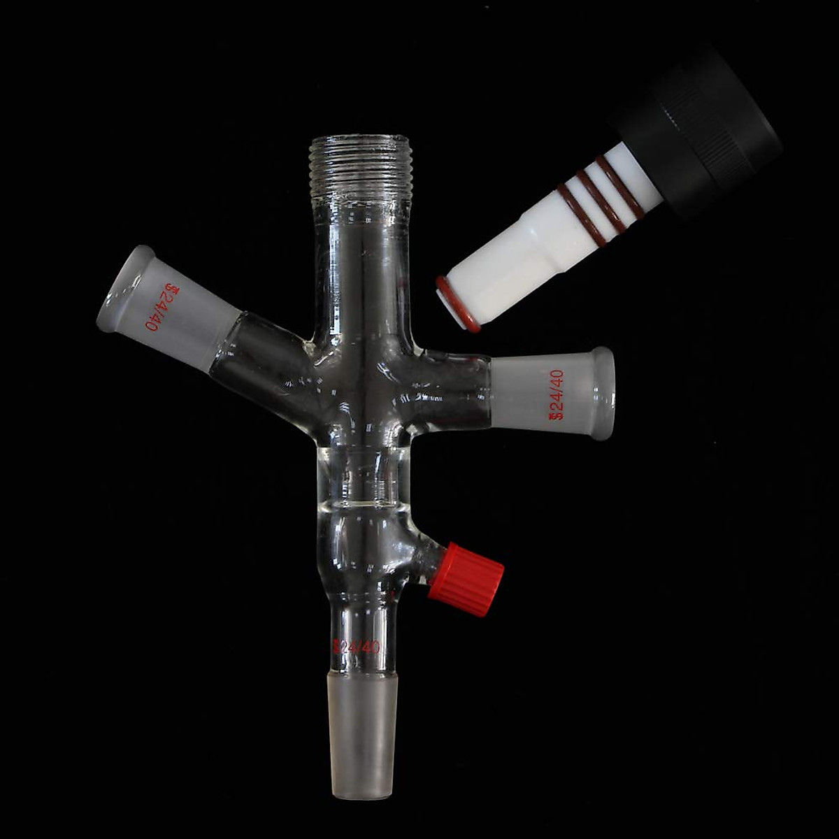 Glass Vacuum Cut Off Adapter with Joints 24/40 and GL14, Vacuum Cow Adapter 60 Degree