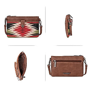 Wrangler Crossbody Handbag Brown Wristlet Purse Aztec Printes Canvas Clutch for Women Vegan Leather Cell Phone Bag,WG52-C181BR