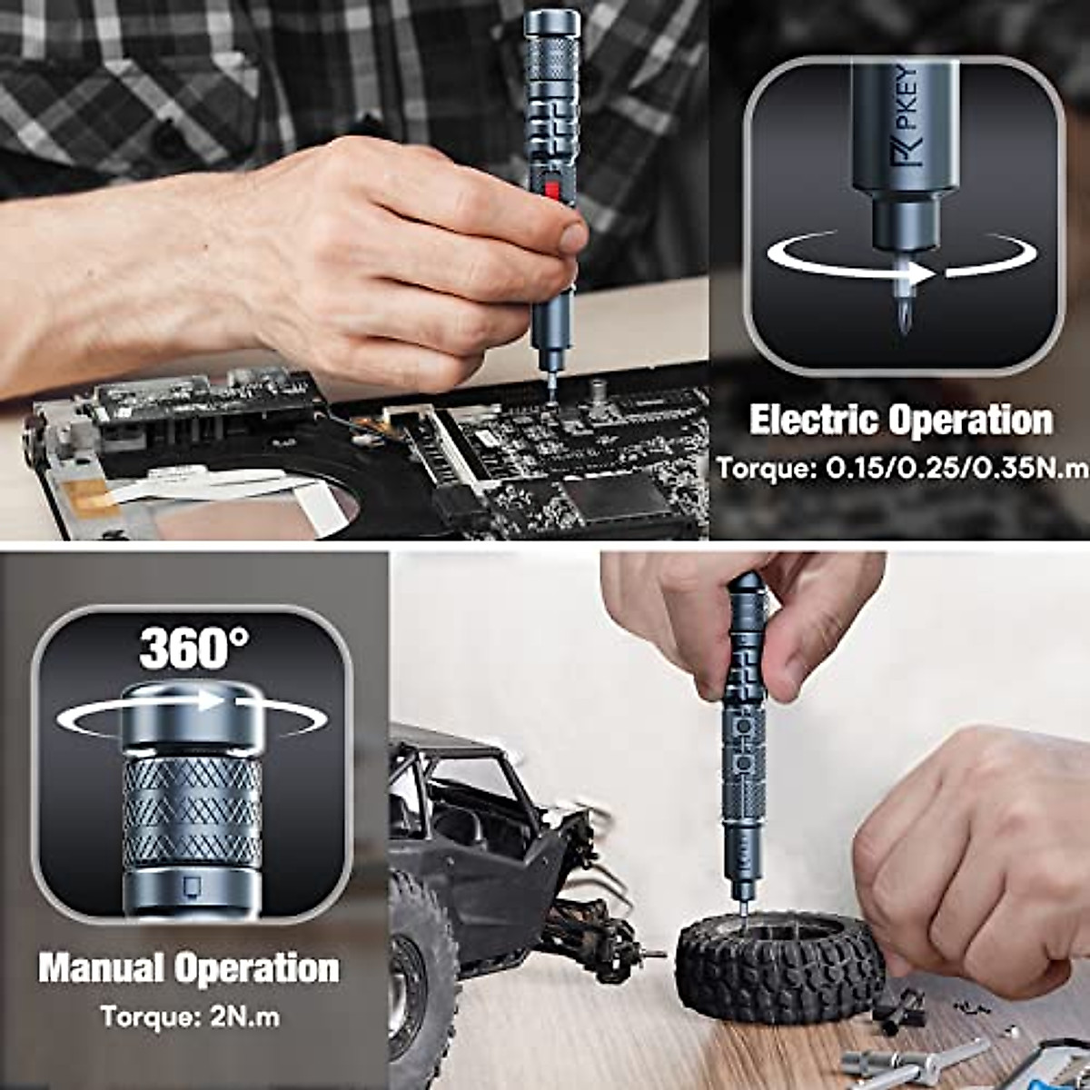 PKEY Cordless Electric Screwdriver Set, Mini Electric Screwdriver, 28 Magnetic Bits, 3 Gears Torque, Two batteries，Rechargeable Portable Repair Tool Kit for Electronics Laptops Clocks Glasses Camera