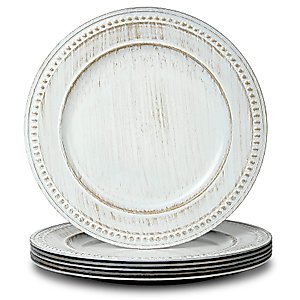Kazozobi 13" Vintage Charger Plates, Beaded Chargers for Dinner Plates Set of 6, Charger Plates Bulk Wedding, White