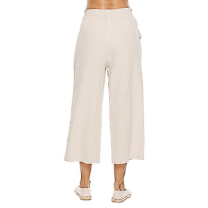 LNX Women's Linen Pants High Waist Wide Leg Drawstring Casual Loose Trouser Beige