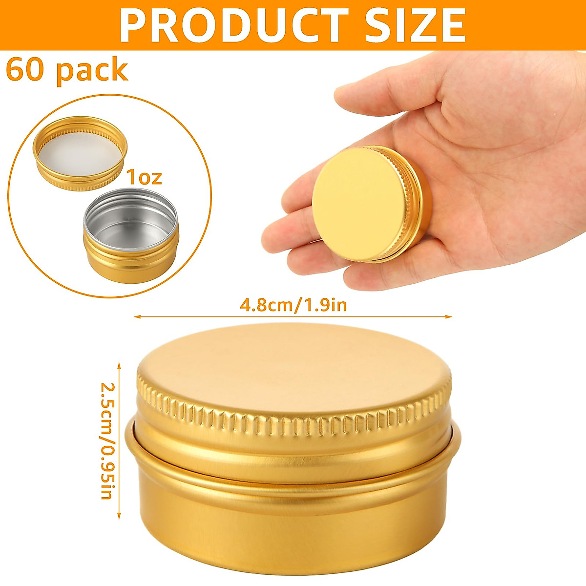 LDXDRU 60 Pack 1oz Metal Tin Cans, Round Small Tins with Lids, Tin Containers With Lids for Candles Salve Cosmetic Lip Balm Candies Food Storage, Golden