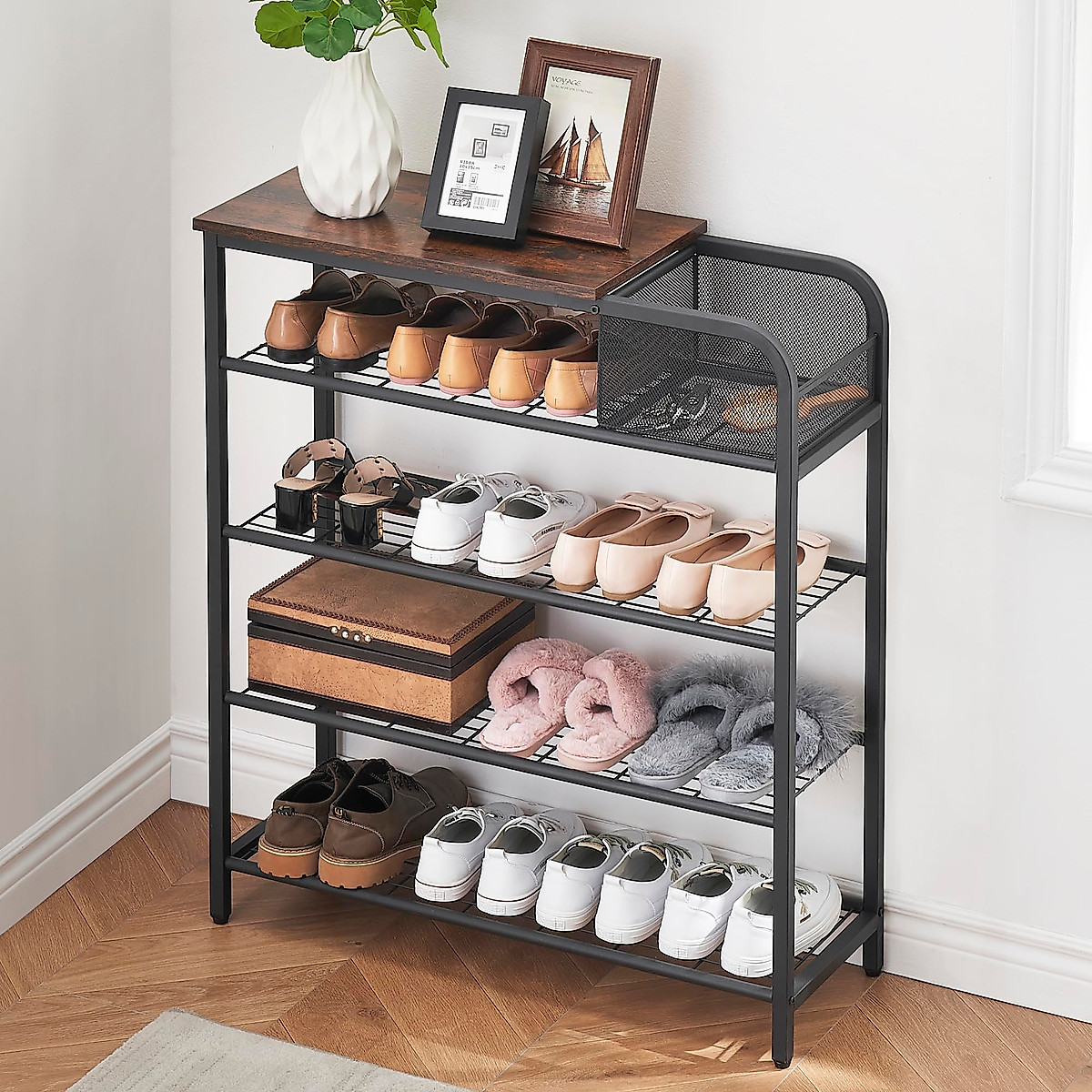 coucheta Shoe Rack for Entryway, 5 Tier Shoe Storage Rack for 12-16 Pairs of Shoes, Shoe Rack Adjustable Shoe Organizer with Sturdy Wooden Top and Mesh Storage Basket, Industrial Style, Rustic Brown