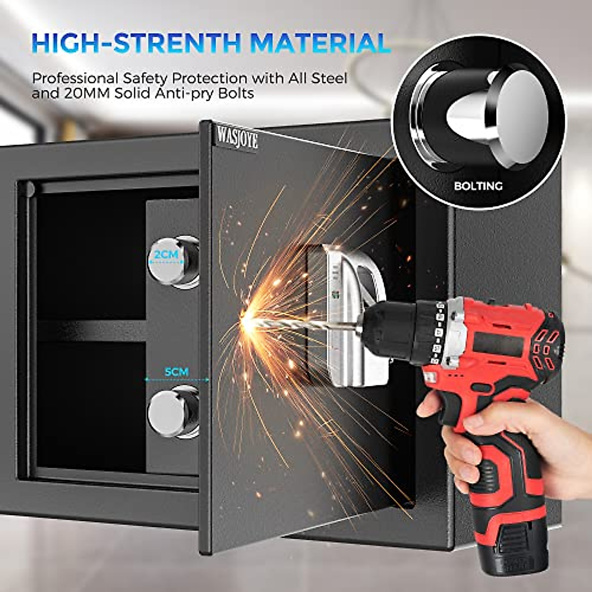 Safe Box, WASJOYE 1.0 Cu ft Biometric Fingerprint Safe Box Fireproof Safe with Finger Identification Key-Lock for Home Office Hotel Valuables Gun Safe Storage