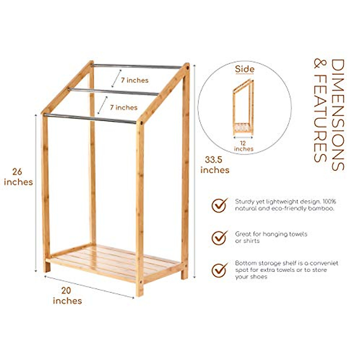 ToiletTree Products Bamboo Towel Rack Holder for Bathrooms (3 Tier) - Freestanding Beach Towel & Poolside Rack with Bottom Storage Shelf – Organizer for Bath, Hand Towel, Wash Cloths