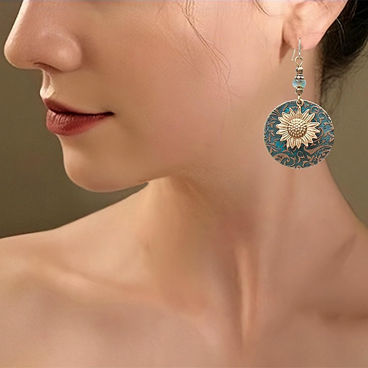 la luen Sunflower Dangle Earrings,Boho Fashion Elegant Vintage Round Ethnic Hook Earrings for Women (Bohemian style)