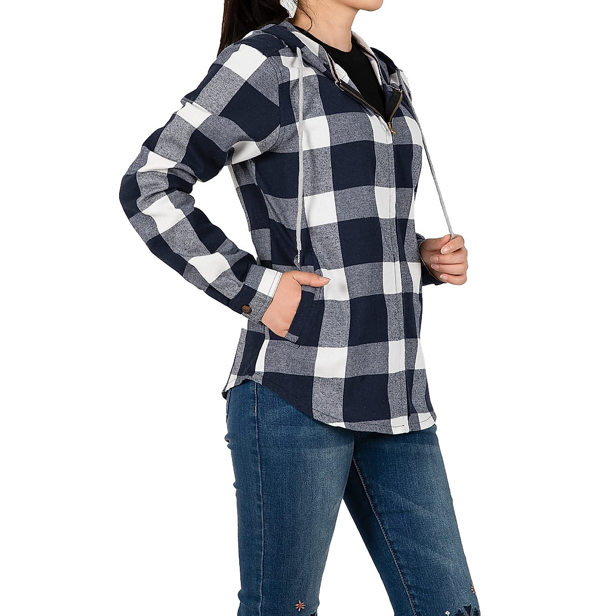 ZENTHACE Plaid Flannel Shirts for Women Hooded Flannel Shirt Oversized Zip Up Flannel Hoodies Fall Flannel Shacket Blue White S