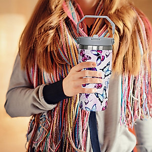 Hachishun Butterfly Tumbler with Handle, Stainless Steel Vacuum Insulated Flip Straw 20 oz Pink Butterfly Tumbler Spill Proof Coffee Travel Mug Butterfly Gifts for Women