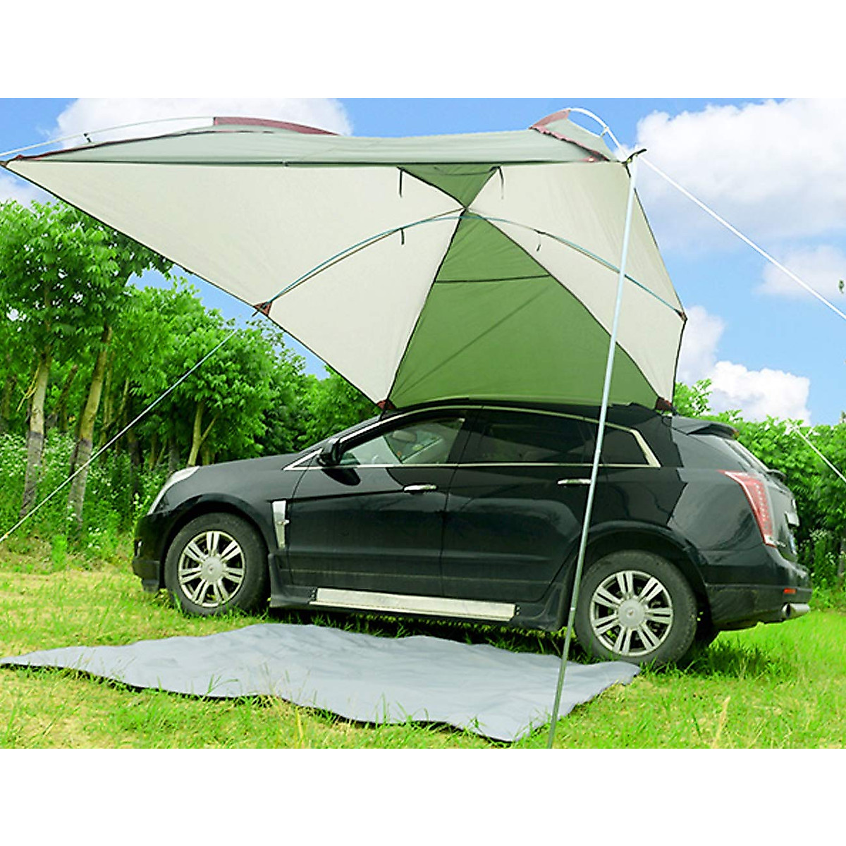 Wind Tour Portable Waterproof Car Rear Tent Outside Camping Shelter Outdoor Car Tent Trailer Tent Roof Top for Beach (Green+White)