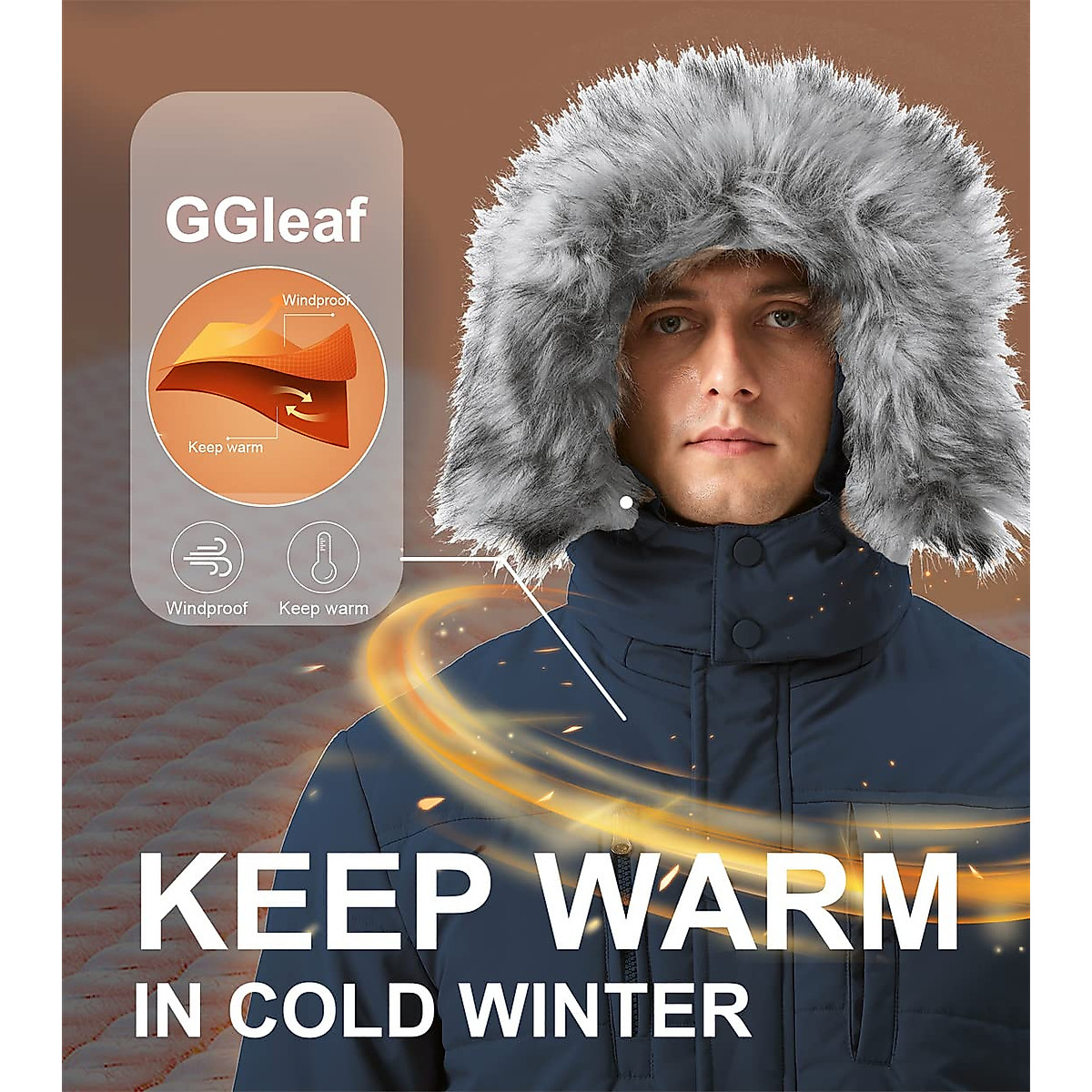 GGleaf Men's Winter Parka Jacket Hooded Thickened Padded Heavyweight Warm Coat with Detachable Fur Hood Navy XL