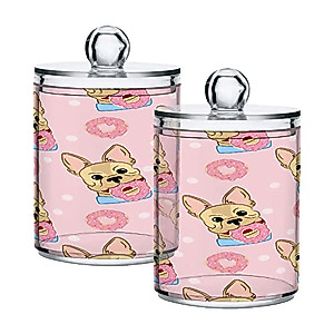 ALAZA Pink French Bulldog Donuts 2 Pack Qtip Holder Dispenser 14 Oz Clear Plastic Apothecary Jar Containers Jars Bathroom for Cotton Swab, Ball, Pads, Floss, Vanity Makeup Organizer