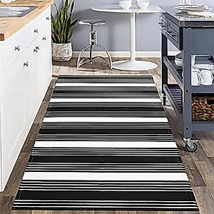 RRUI Cotton Black and White Striped Rug 43 x 27.5 Inches Outdoor Reversible Hand-Woven Washable Area Rugs for Layered Door Mats/Farmhouse Entryway Stripe Carpet/Front Porch Rug/Kitchen Mat