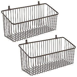 mDesign Portable Metal Farmhouse Wall Decor Angled Storage Organizer Basket Bin for Hanging in Entryway, Mudroom, Bedroom, Bathroom, Laundry Room - Wall Mount Hooks Included, Large - 2 Pack - Bronze