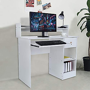 NDGDGA Computer Desk, Modern Laptop Desktop Study Writing Table with Keyboard Tray, Drawer & Shelves for Small Spaces, Home Office PC Laptop Table Wood Workstation (White, 39.3×17.7×37in.)