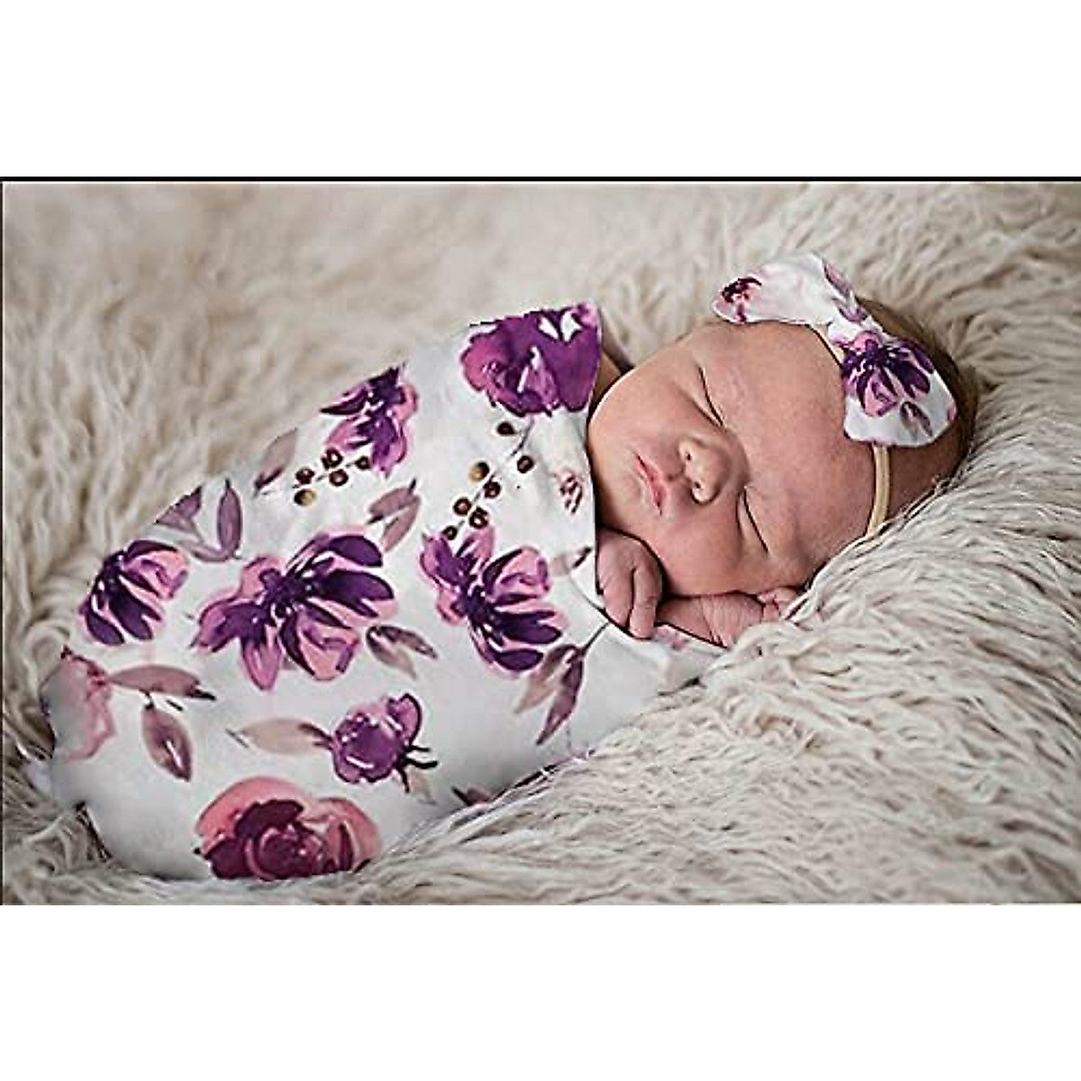 Baby Swaddle Blanket Newborn Girl Swaddle and Headband Set Purple Flowers Floral Print Wrap Shower Gift