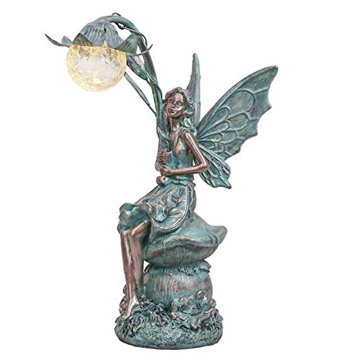 TERESA'S COLLECTIONS Garden Statues Fairy Sculptures & Statues, Solar Garden Figurines Outdoors Decor, Patina Bronze Garden Art for Yard Decor 13.8 Inch