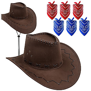 Komphy 12 Pack Cowboy Hat Bulk, Brown Wide Brim Western Cowboy Hat, Faux Suede Cowboy Hats Party Hats with Bandana and Adjustable Drawstring for Men Women Costume Party