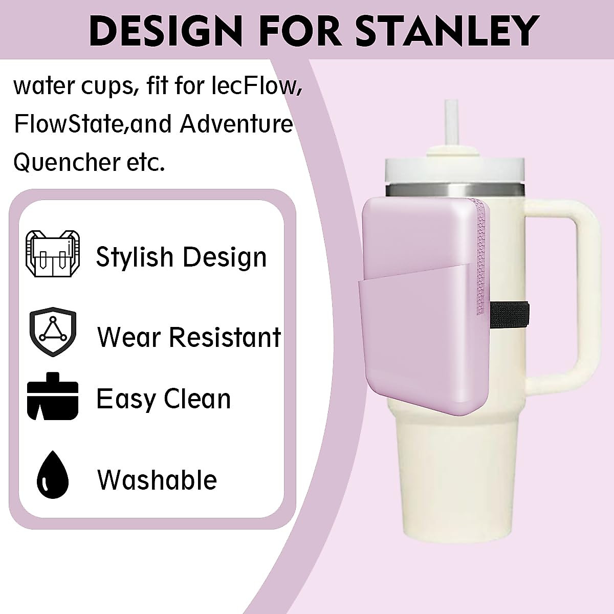 Silicone Water Bottle Pouch for Stanley, Stanley Fanny Pack with Pocket, Stanley Cup Accessories for Stanley Quencher Stanley IceFlow 20 oz 30 oz 40 oz, for Phone, Card, Key, Wallet, Earphone (Purple)