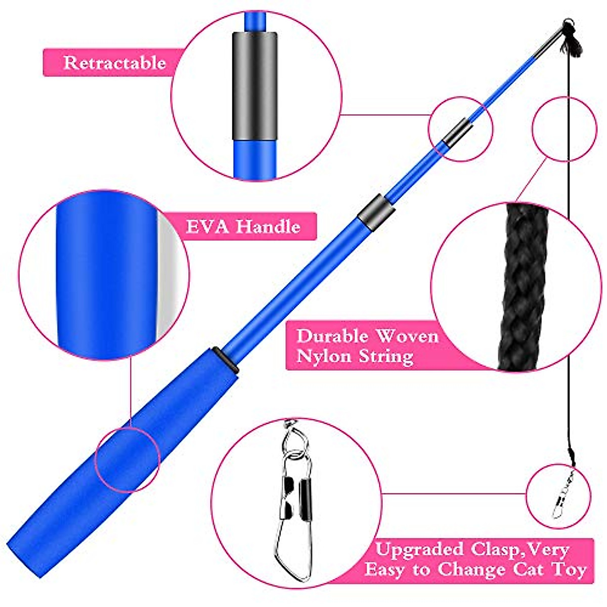 Oziral Cat Teaser, 15PCS Retractable Cat Toy Feather Teaser Cat Toy Cat Wand Feather Interactive Toys with Bells and Feather Refills Set for Indoor Cat and Kitten Exercise