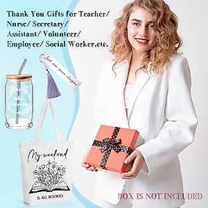 Inbagi Book Lovers Gifts Set Include 16oz Drinking Glass with Bamboo Lid and Straw for Library Tote Bag Stainless Steel Bookmark Gift for Reader Teacher Women(Elegant, 13 x 15 x 4'')