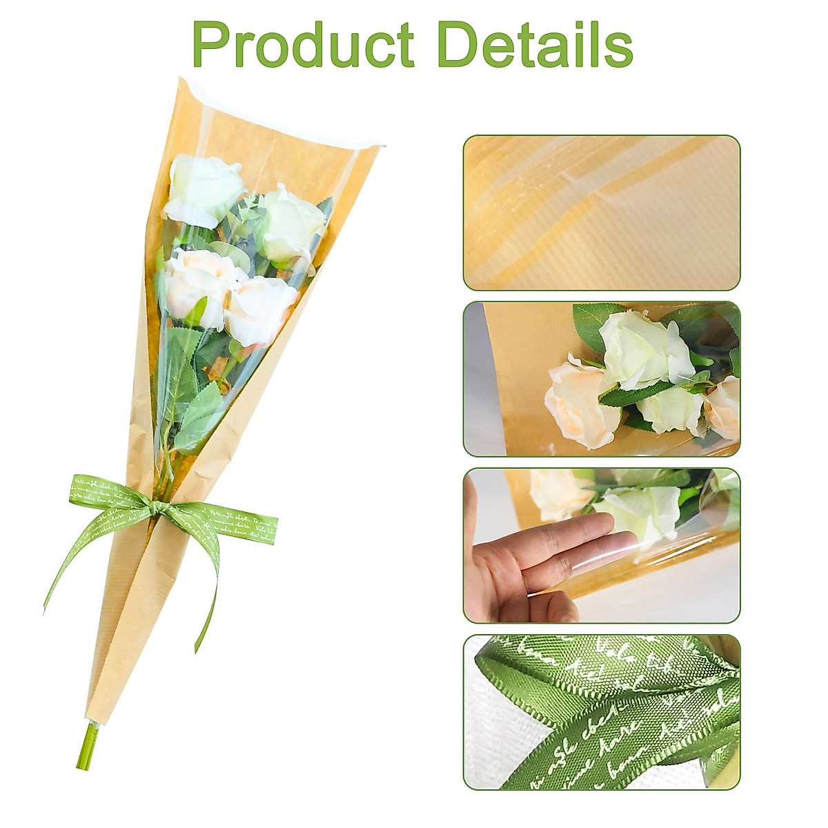 VOCAON 50PCS Flower Bouquet Wrapping Paper with Ribbon, Kraft Packing Sleeves for Bouquets Clear Floral Wrapping Bags Bulk for Graduation Anniversary Wedding Birthday Gift 17.9x9.8x3.9 Inches