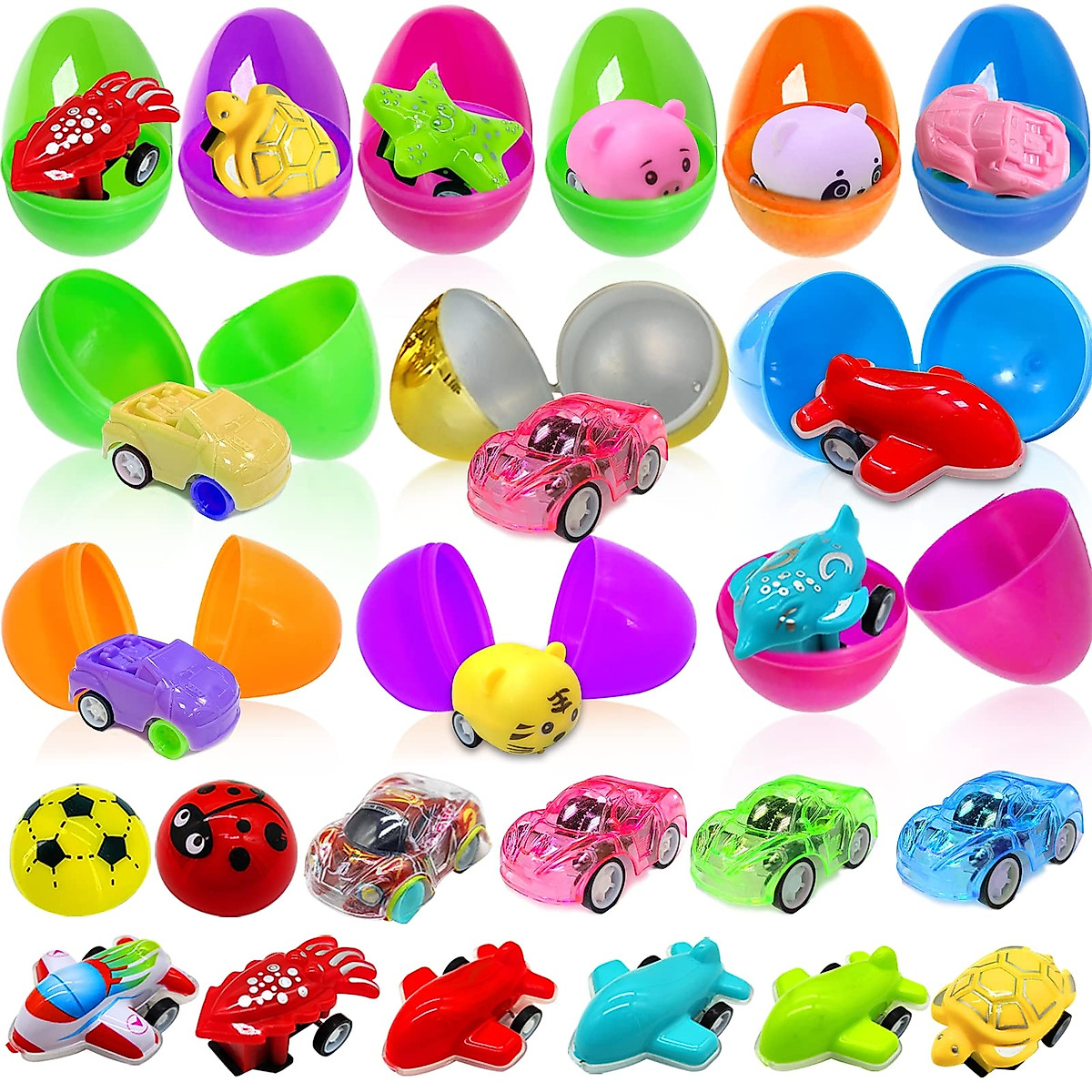 [ 1 Golden Egg ] 24 Pack Filled Easter Eggs with Pull Back Cars Toys Inside 24 Styles Vehicle Plastic Surprise Eggs for Kids Toddlers Easter Basket Stuffers Fillers Easter Eggs Hunt Party Favor Gift