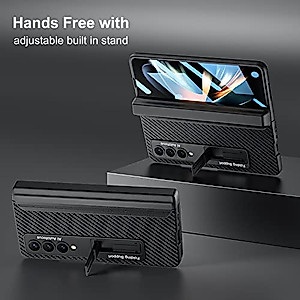 Libeagle Compatible with Samsung Galaxy Z Fold 4 Case, Built in Hidden S Pen Holder to Avoid Pen Lost, Leather on Back, Screen Protector, Hinge Protection, Wireless Charging Cover 5G 2022-Carbon Fiber