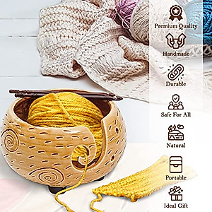 Eunoia Ceramic Yarn Bowl, 7 x 4 Inch Handmade Yarn Holder for Crocheting, Decorative Knitting Bowl for Knitters with Wooden Crochet Hook and Travel Bag