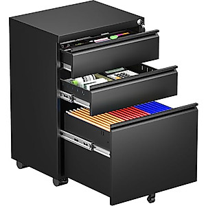 INTERGREAT 3 Drawer File Cabinet, Assembled Metal Filling Cabinet with Lock, Locking Office Mobile Cabinet with Wheels for Legal/Letter Size, Under Desk, Fully Assembled, Black
