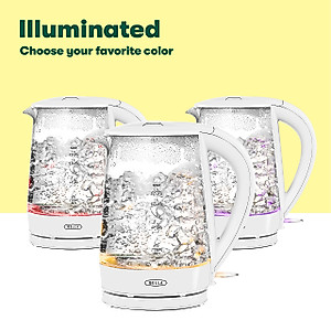 BELLA 1.7 Liter Glass Electric Kettle, Quickly Boil 7 Cups of Water in 6-7 Minutes, Soft Orange LED Lights Illuminate While Boiling, Cordless Portable Water Heater, Carefree Auto Shut-Off, White