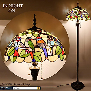 WERFACTORY Tiffany Floor Lamp Double Birds Amber Stained Glass Standing Reading Light 16X16X64 Inches Antique Pole Corner Lamp Decor Bedroom Living Room Home Office S805 Series