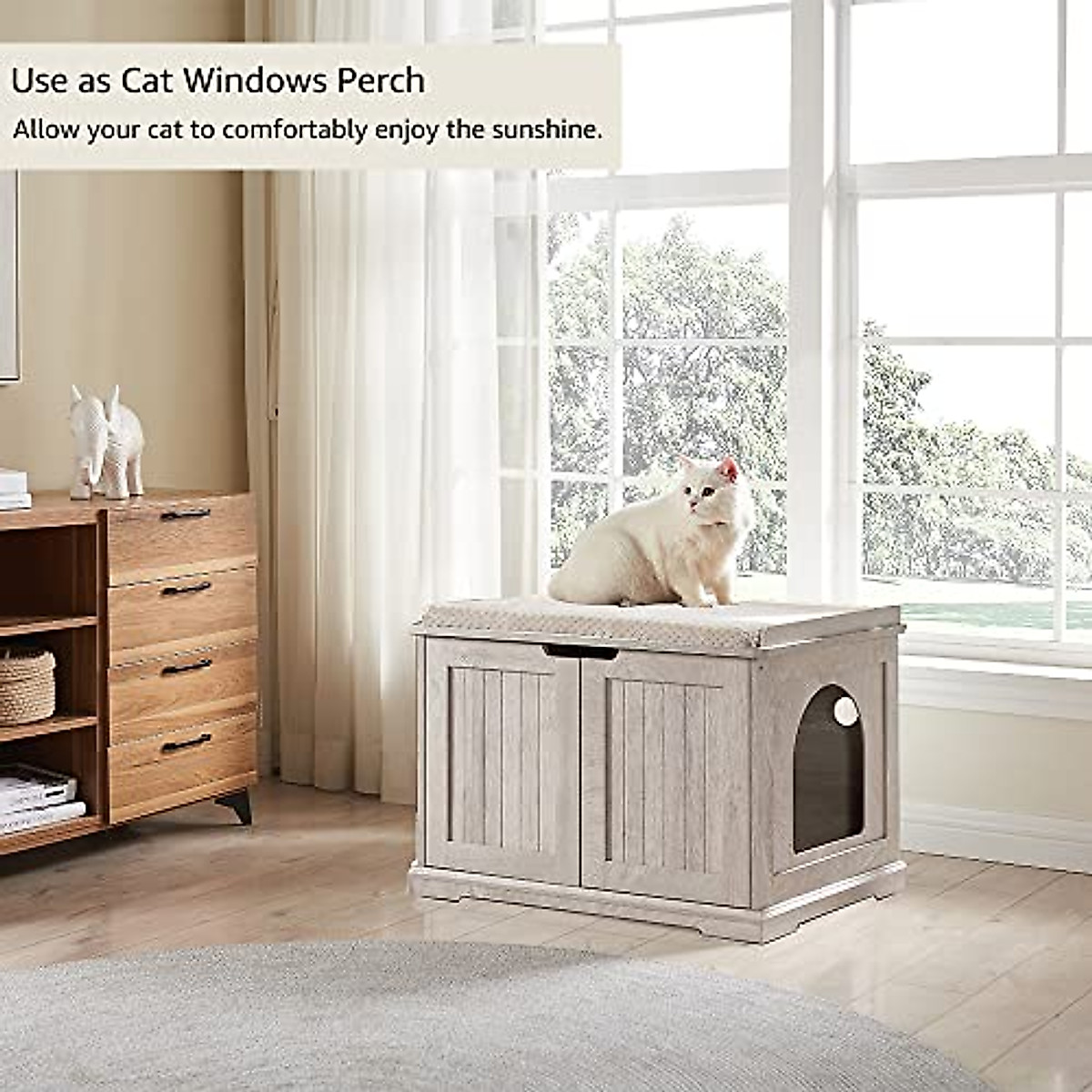 unipaws Designer Cat Washroom Storage Bench, Litter Box Cover, Sturdy Wooden Structure, Spacious Storage, Easy Assembly, Fit Most of Litter Box, Weathered Grey