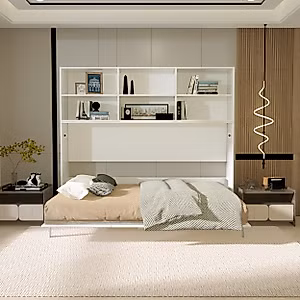 Prohon Twin Murphy Bed with Storage Shelf, Space-Saving Wall Bed w Gas Struts, Foldable Platform Bed Folded into Cabinet, Hidden Bed for Multipurpose Guest Room/Office, No Box Spring Needed